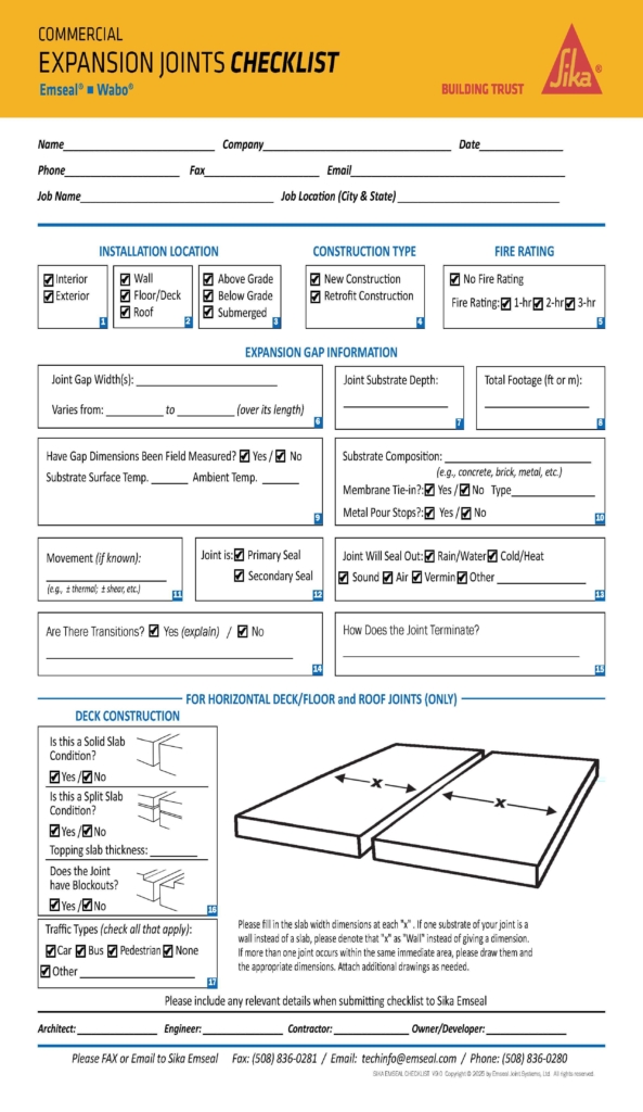 Expansion Joint Checklist · Order, Design, Needs Analysis · Sika Emseal